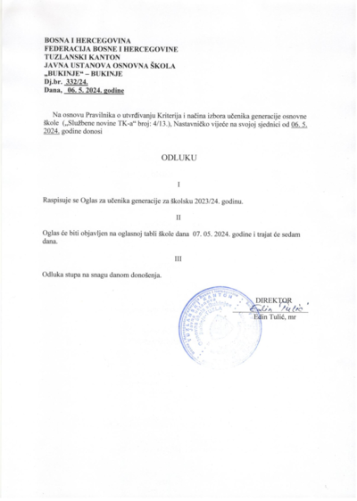 Odluka o raspsivanju Oglasa za izbor učenika generacije - Javna ...